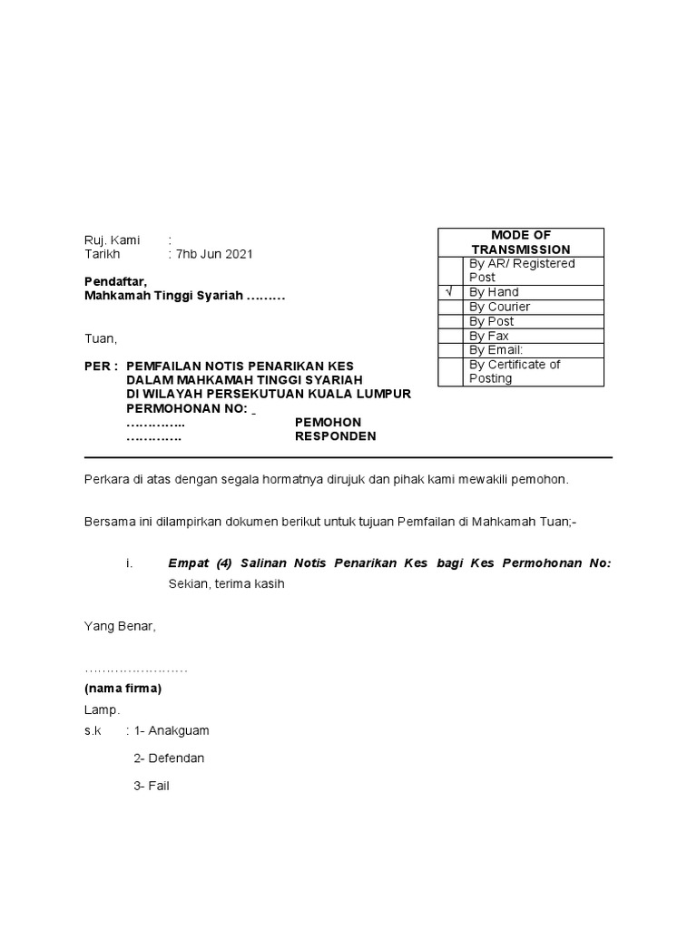 Template Surat Filing Notis Tarik Balik Kes | PDF
