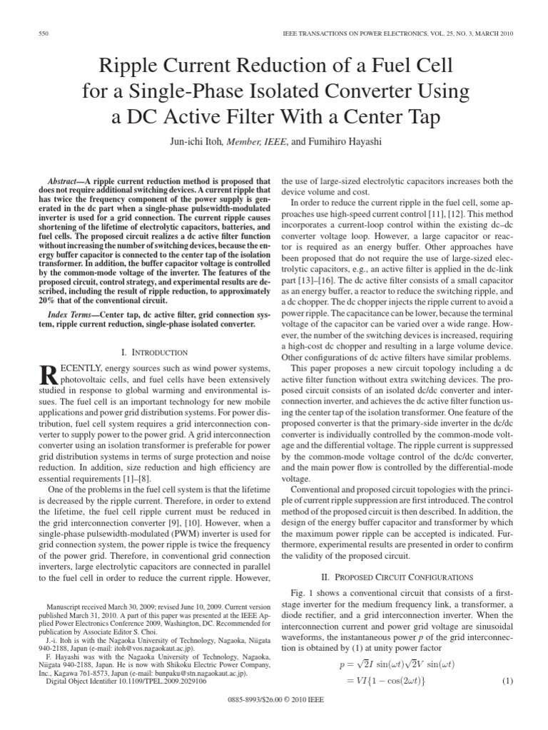 Ripple Current Reduction of A Fuel Cell For A Single-Phase Isolated ...