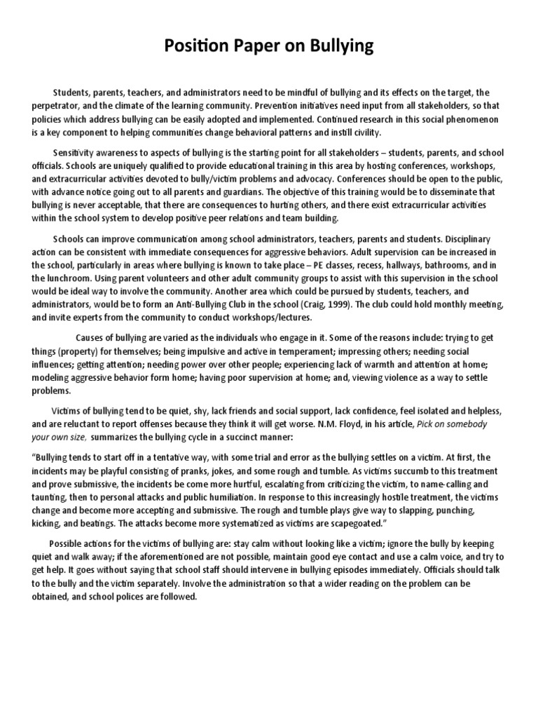 Position Paper On Bullying | PDF | Bullying | Injustice