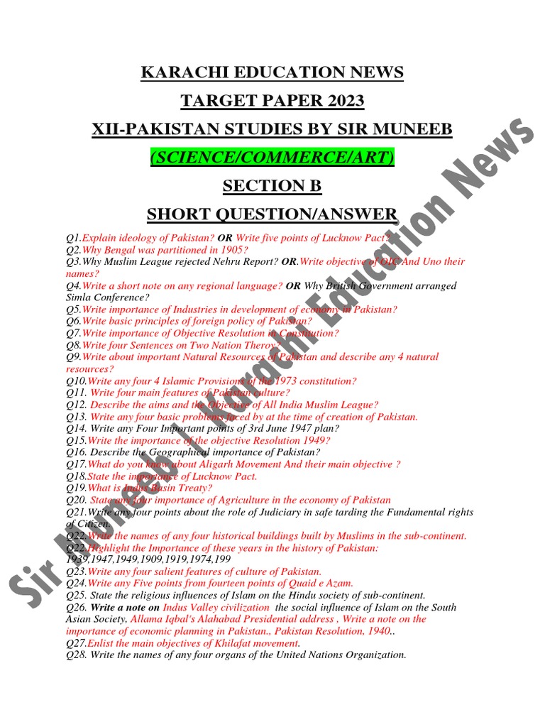 Target Paper 2023 Pakistan Studies 2023 Xii Pdf