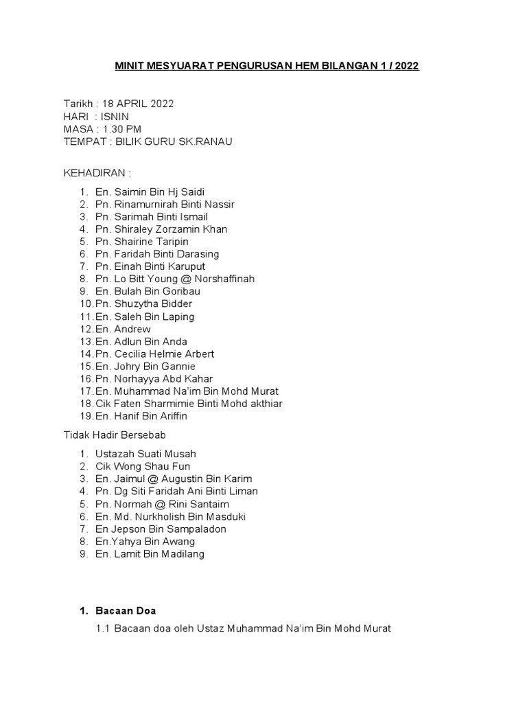 Minit Mesyuarat Pengurusan Hem Bilangan 1 | PDF