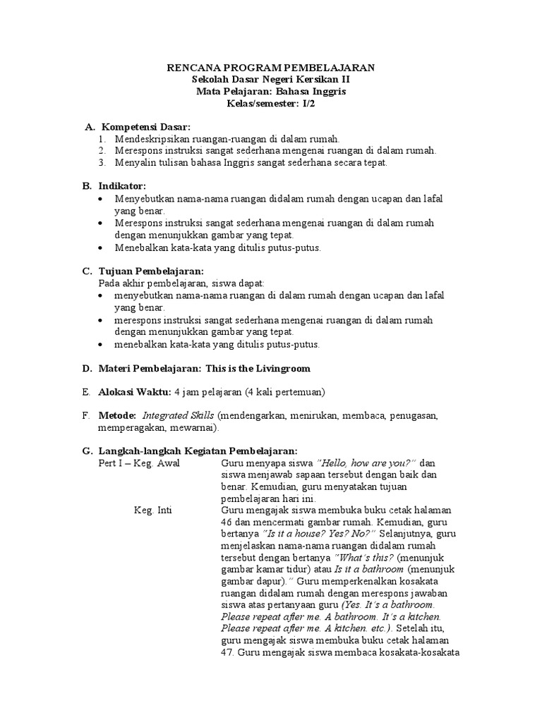 RPP K13 Bahasa Inggris Kelas 1 Semester 2 Tahun 2021-2022 | PDF