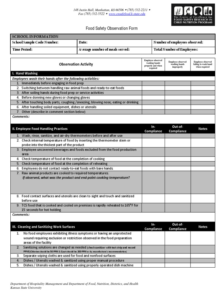 Food Safety Observation Form | PDF