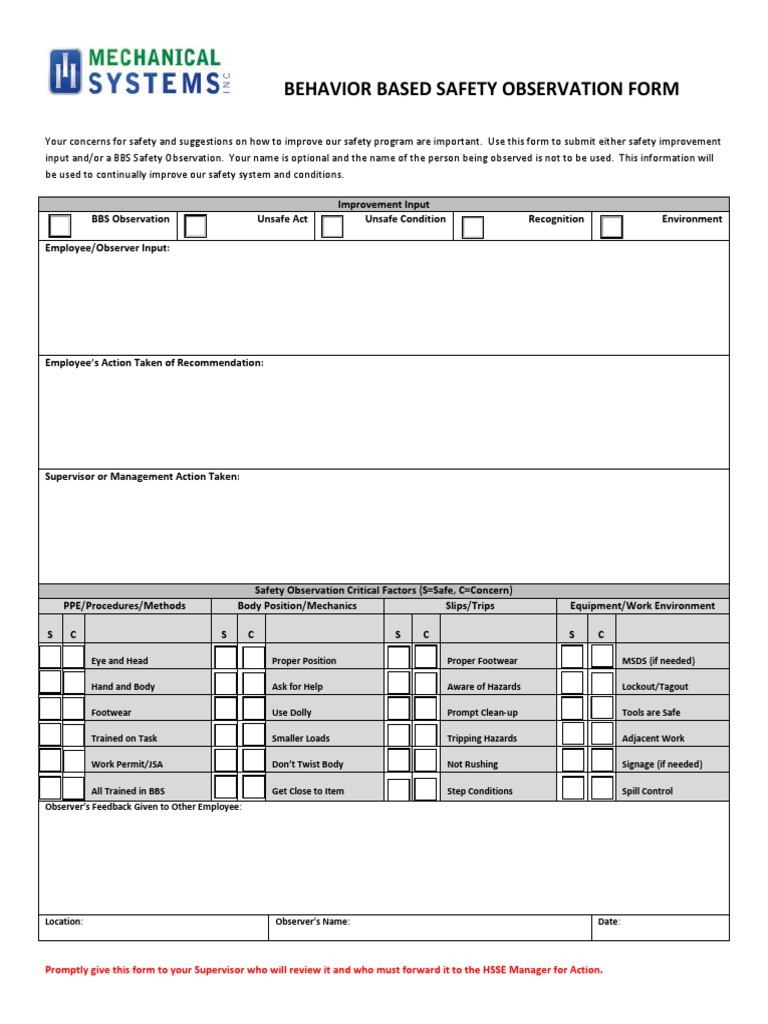 Safety Observation Form | PDF