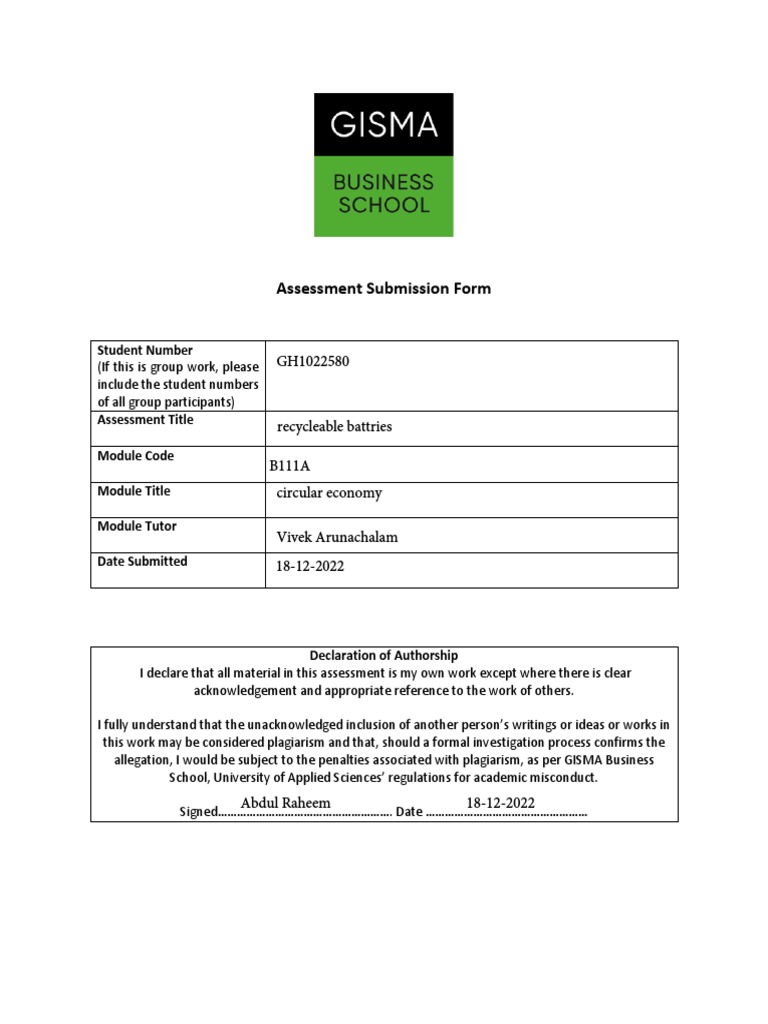 Assessment Submission Form Template | PDF