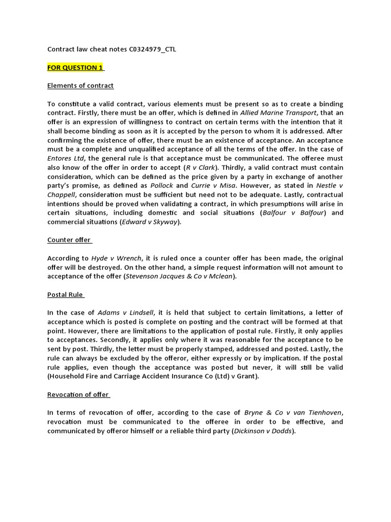 Contract Law Cheat Notes | PDF