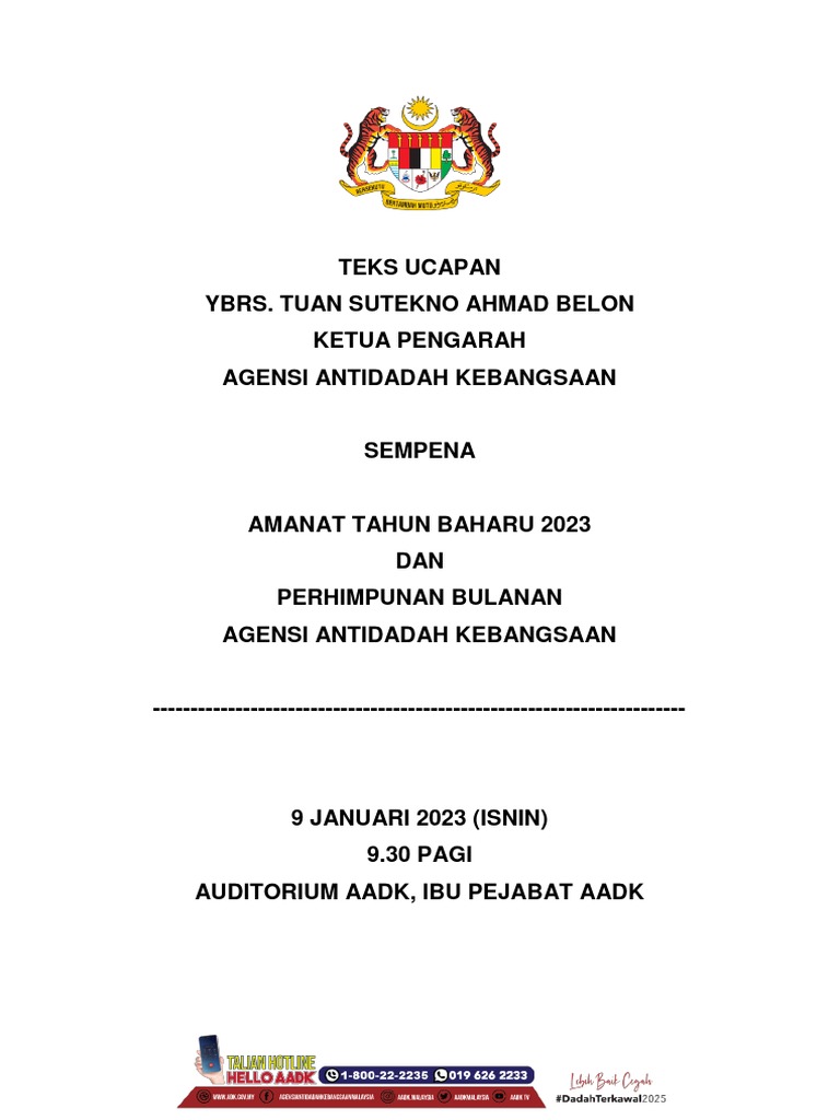 Teks Ucapan Dan Amanat Tahun Baharu 2023 Kp Aadk Pdf