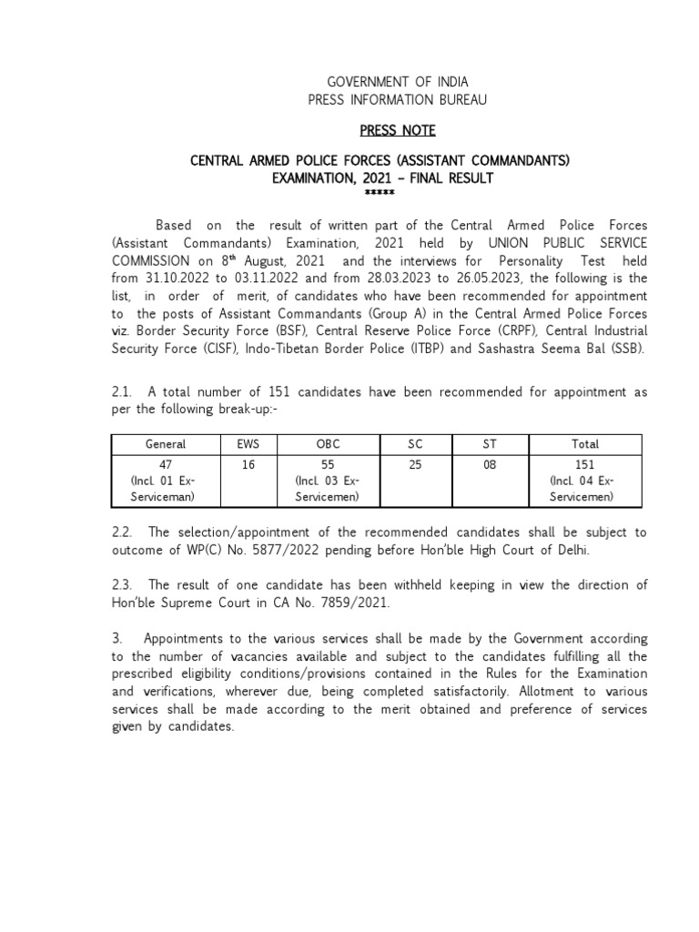 CAPF Assistant Commandants Exam 2021 Results | PDF