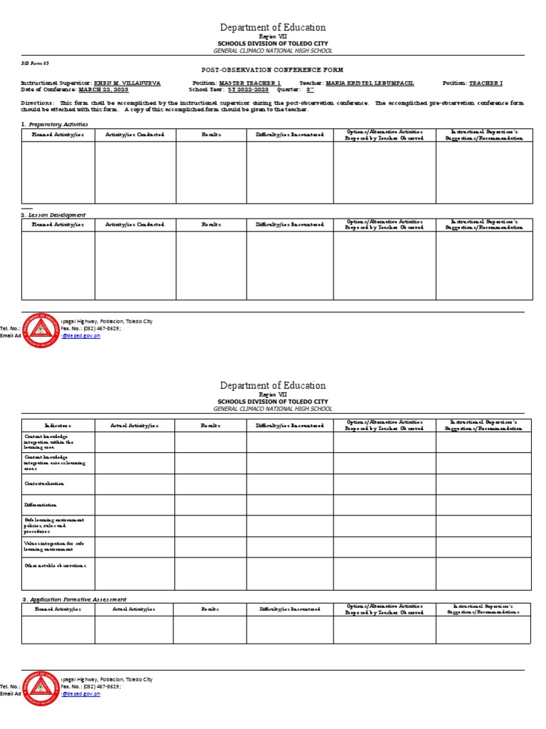DIS Form 05 Post Observation LEBUM | PDF | Education Theory | Cognitive ...