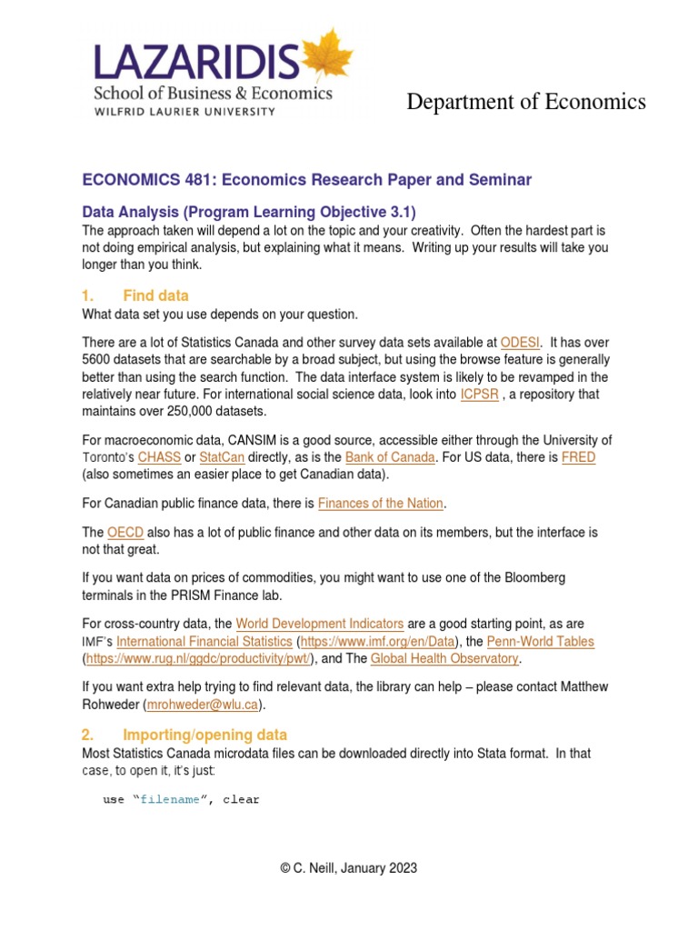 Department of Economics: ECONOMICS 481: Economics Research Paper and Seminar | PDF | Sampling ...
