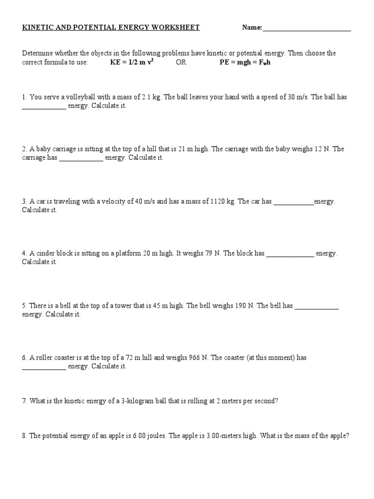 Kinetic and Potential Energy Worksheet | PDF | Potential Energy ...