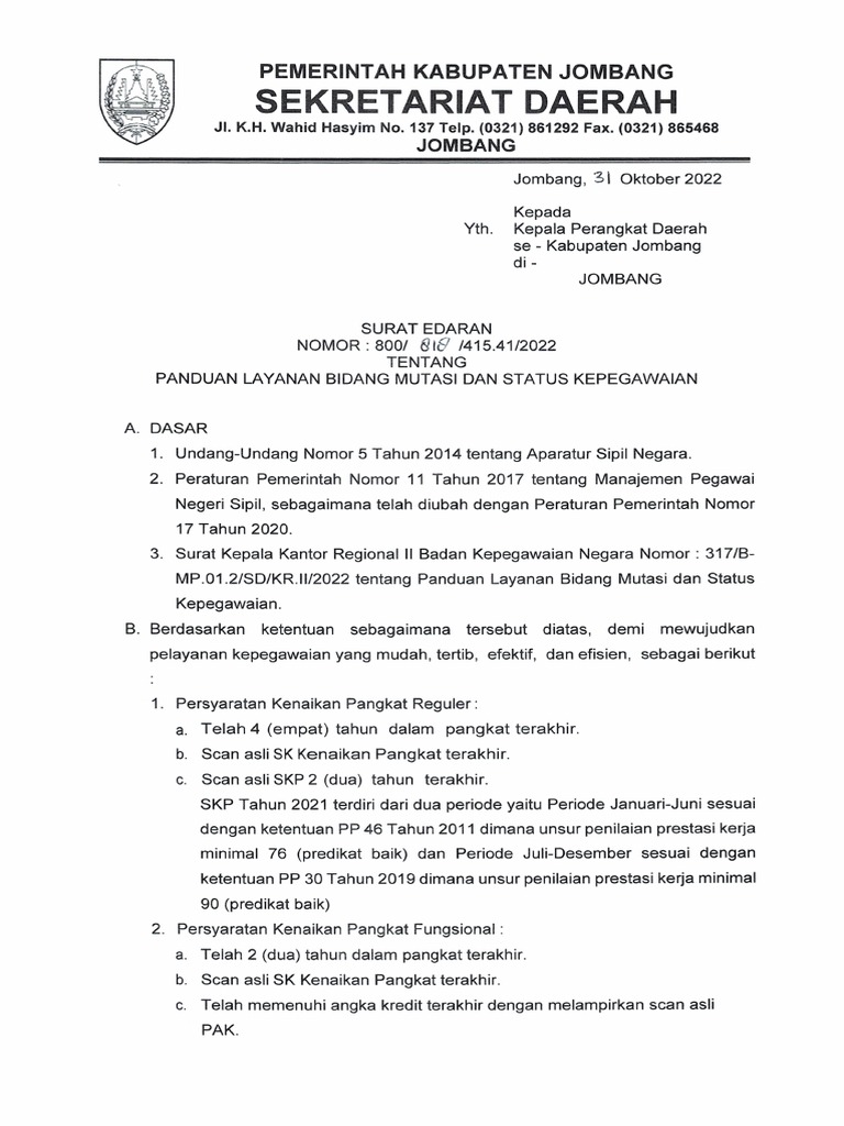 Surat Edaran Sekda Panduan Layanan Kepegawaian | PDF