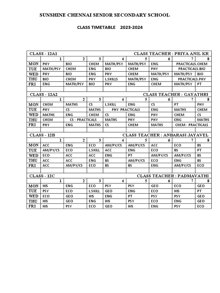 Sunshine Chennai Senior Secondary School Class Timetable 2023-2024 | PDF