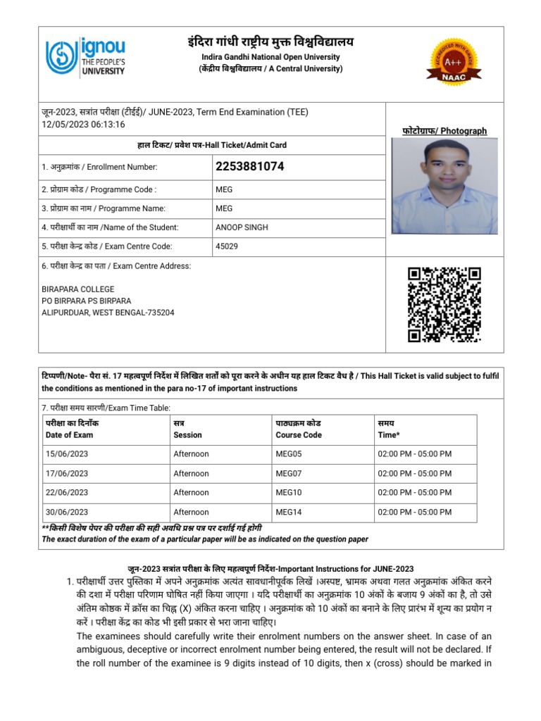 Ignou June-2023 - Hall Ticket - Admit Card | PDF