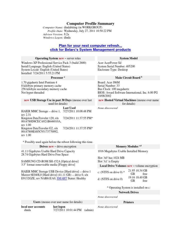 Computer Profile Summary | PDF | Usb | Computer Data Storage