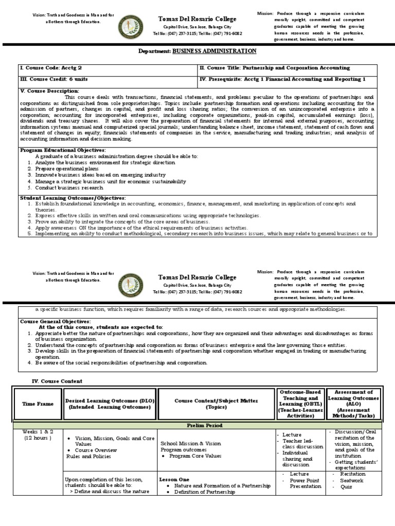 Updated OBE Syllabus Acctg 2 Partnership and Corporation Accounting | PDF