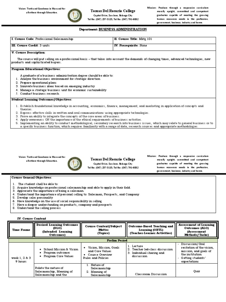 Updated-OBE-Syllabus MKTG 101 Professional Salesmanship | PDF | Sales ... Updated-OBE-Syllabus MKTG 101 Professional Salesmanship | PDF | Sales ...