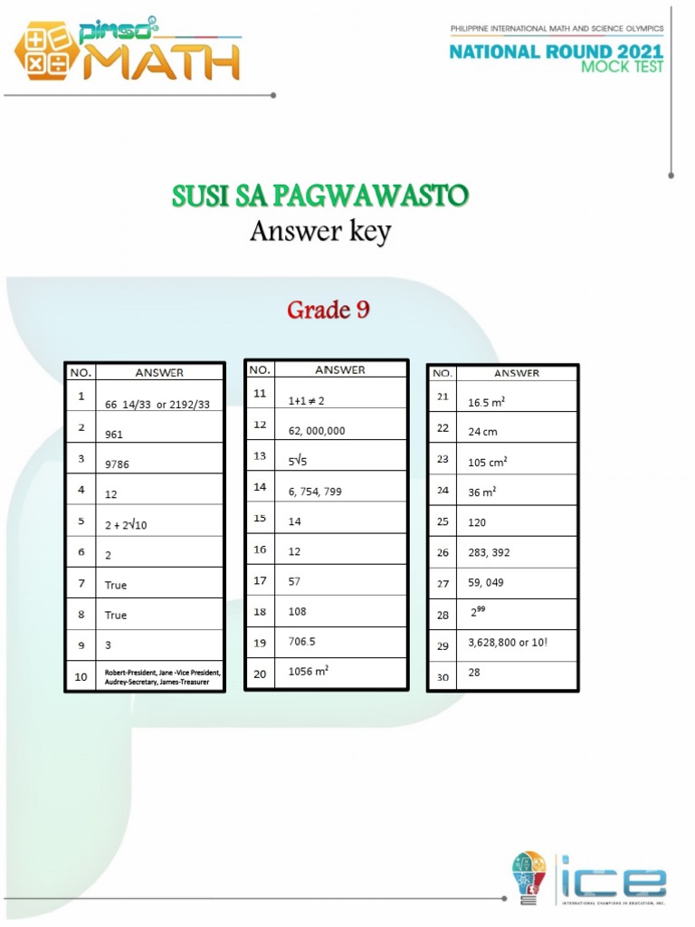 Grade 9 Mock Test Answer Key | PDF