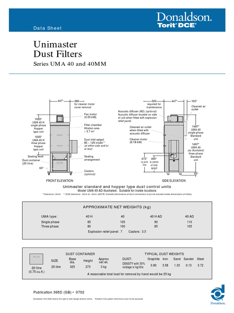 Uma Unimaster 40 Dust Collectors | PDF | Noise | Mechanical Engineering