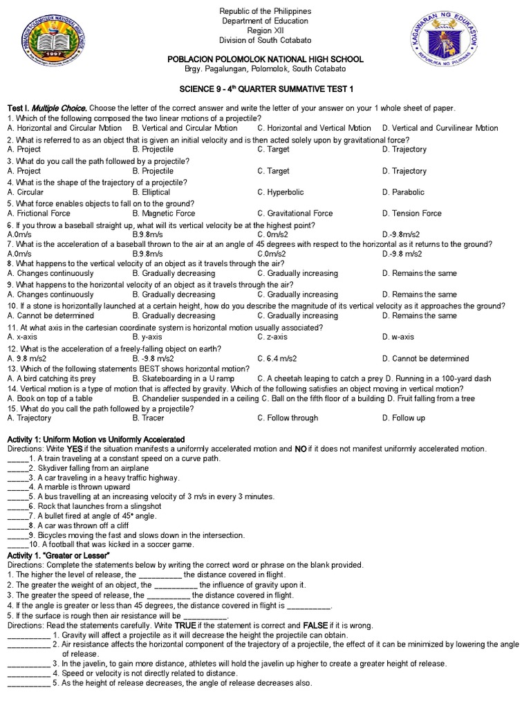 Science 9 4th Quarter Summative Test 1 | PDF | Acceleration | Space