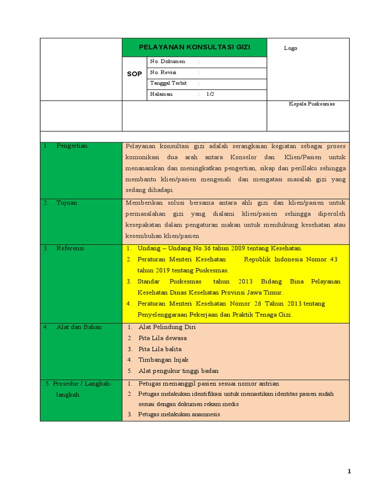 SOP Pelayanan Konsultasi Gizi | PDF