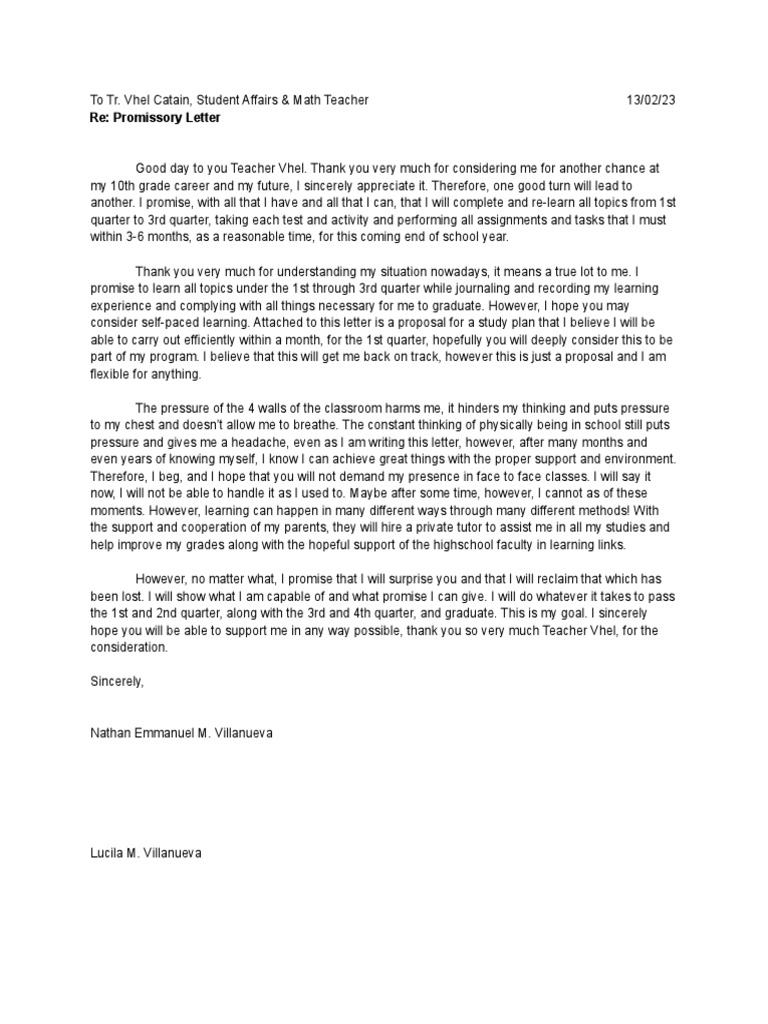 Promissory Letter - Tr. Vhel Catain | PDF