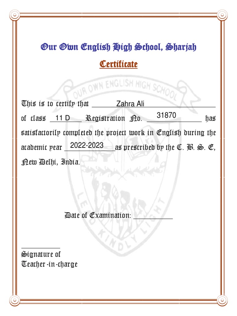 Certificate - Project - English XI | PDF