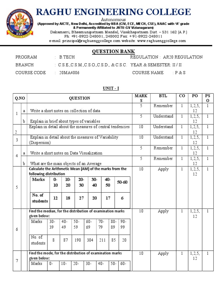 Mid 1 Que Bank | PDF | Probability Density Function | Coefficient Of ...