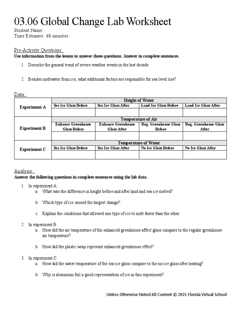 03 06 Lab Worksheet | PDF | Sea Level Rise | Ice