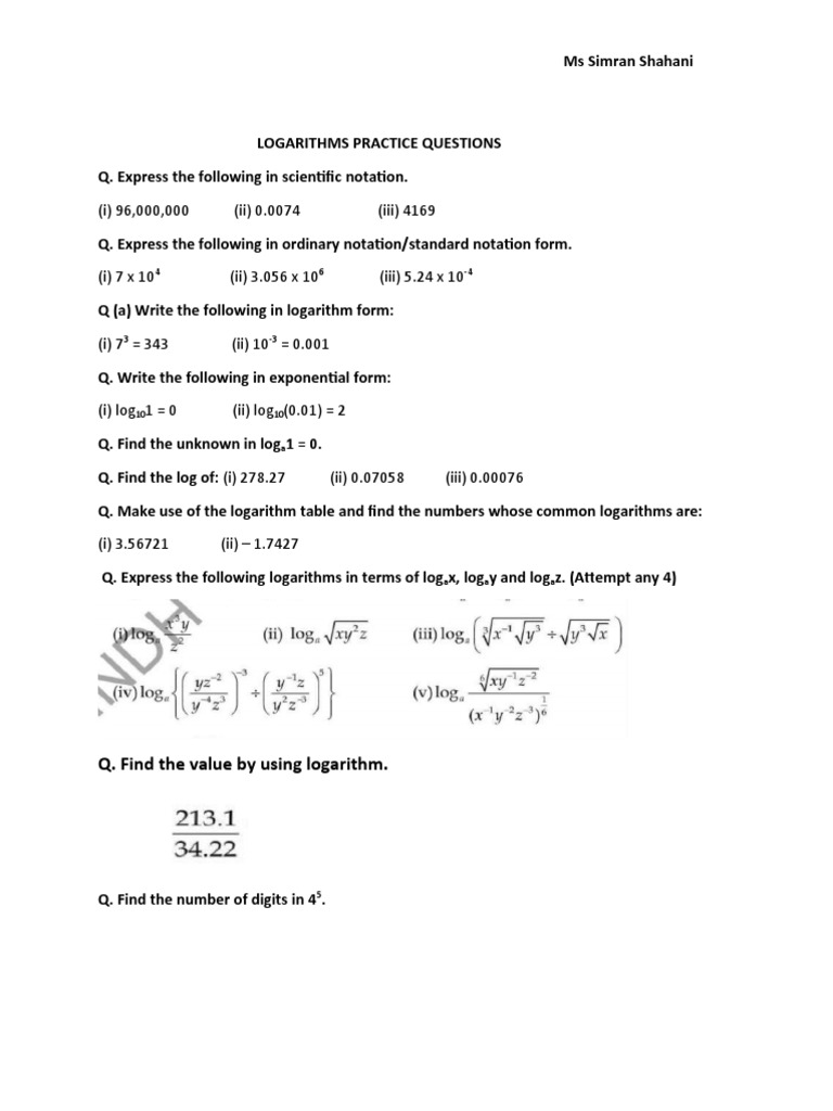 Logarithms Practice Questions Pdf