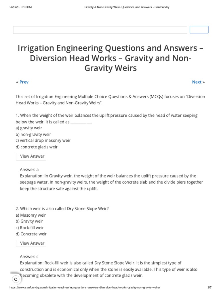 Gravity & Non-Gravity Weirs Questions and Answers | PDF | Dam | Civil ...