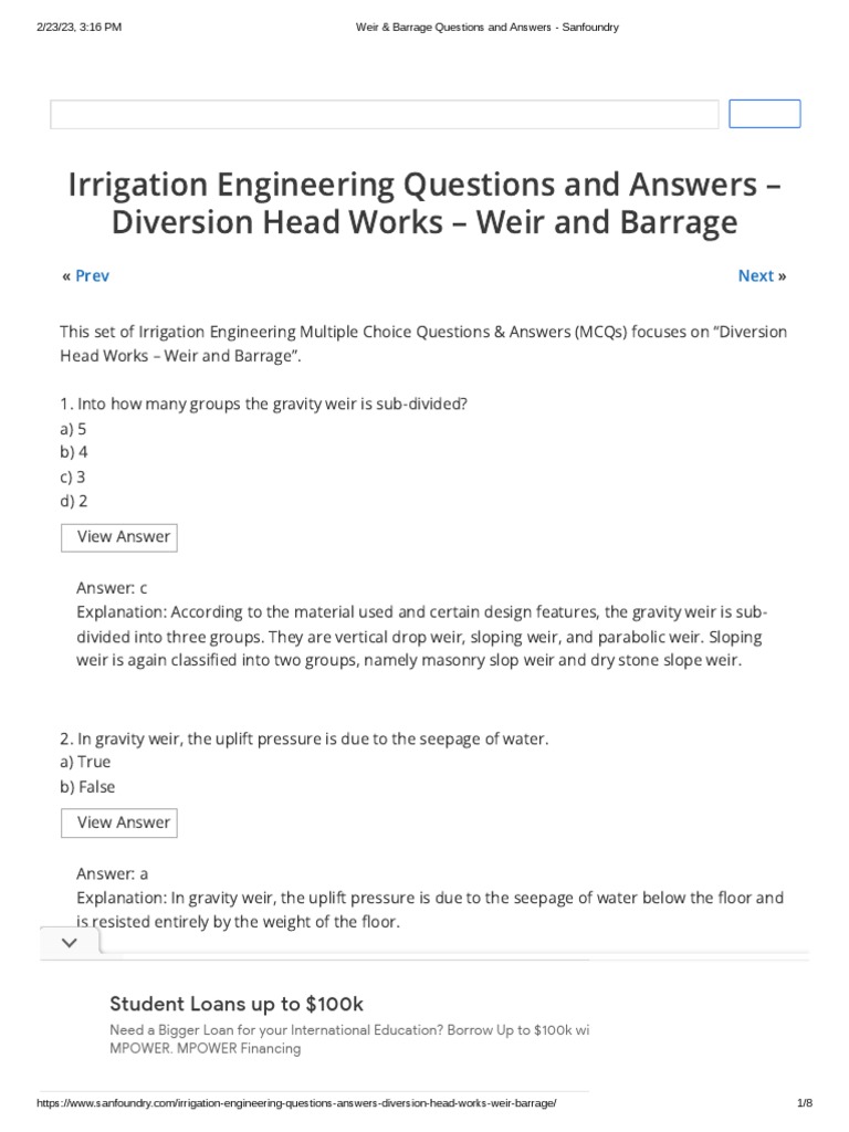 Weir & Barrage Questions and Answers | PDF | Dam | Irrigation