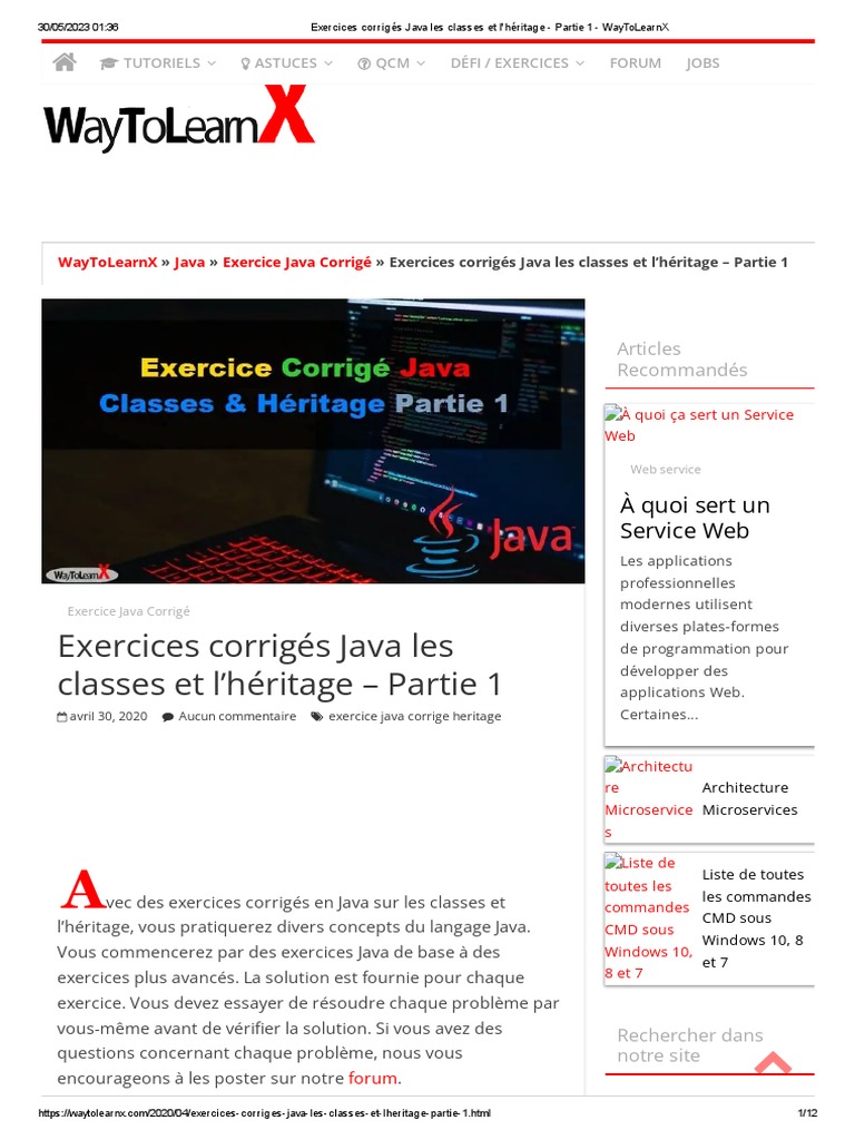 Exercices Corrigés Java Les Classes Et L'héritage - Partie 1 - WayToLearnX | PDF
