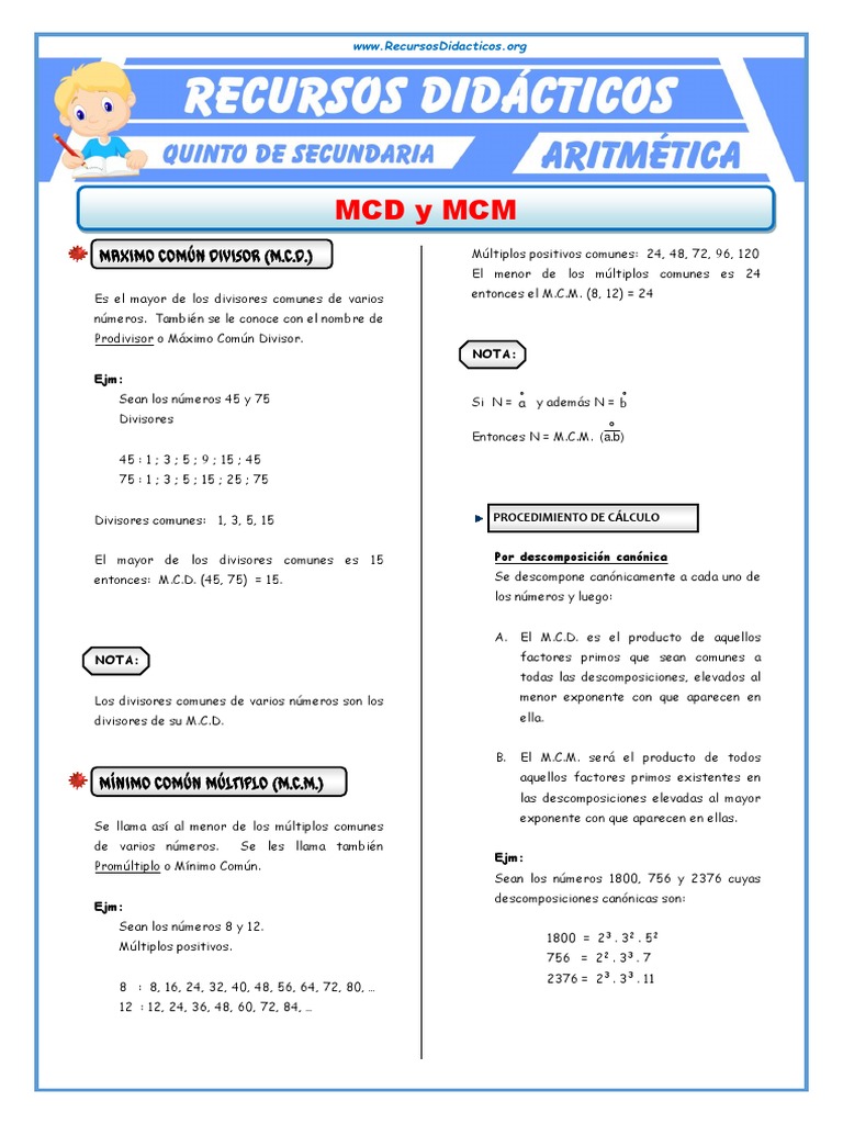 Ejercicios de MCM y MCD para Quinto de Secundaria | PDF | Matemáticas ...