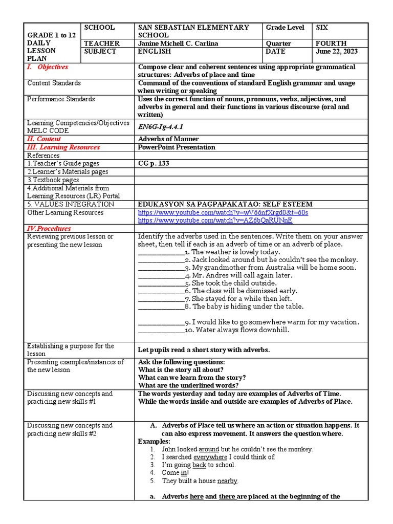 Dlp-Q2-English 6-Co1-2022-2022 | PDF | Adverb | English Grammar