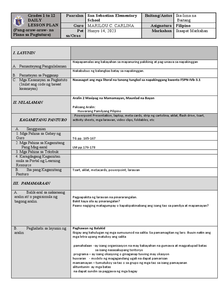 DLP Filipino 5 Q4 Week 2 COT 4 | PDF