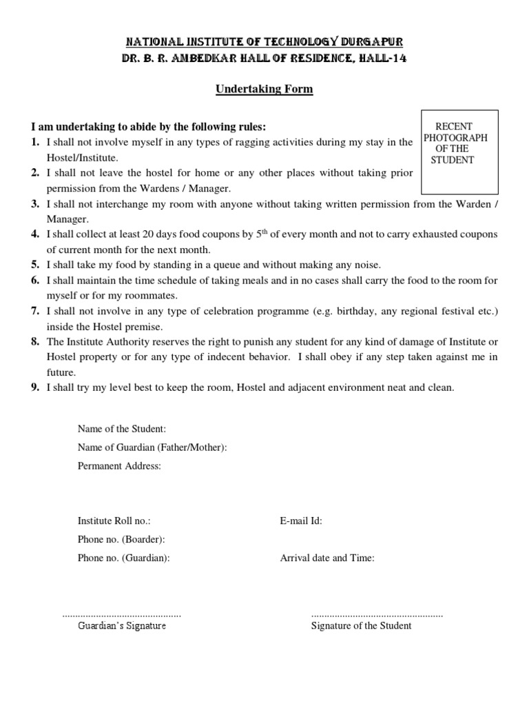 Ambedkar Hostel Undertaking Form 2024-25 | PDF
