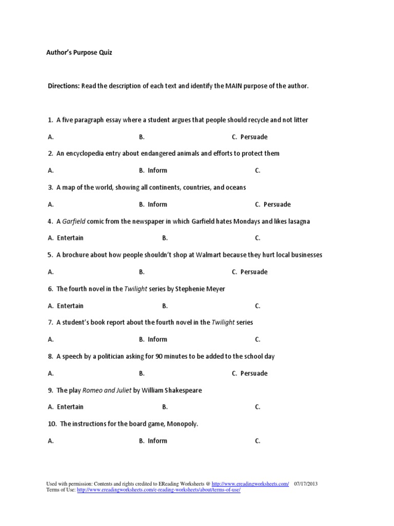 Reading Quiz Author's Purpose Answer Key | PDF