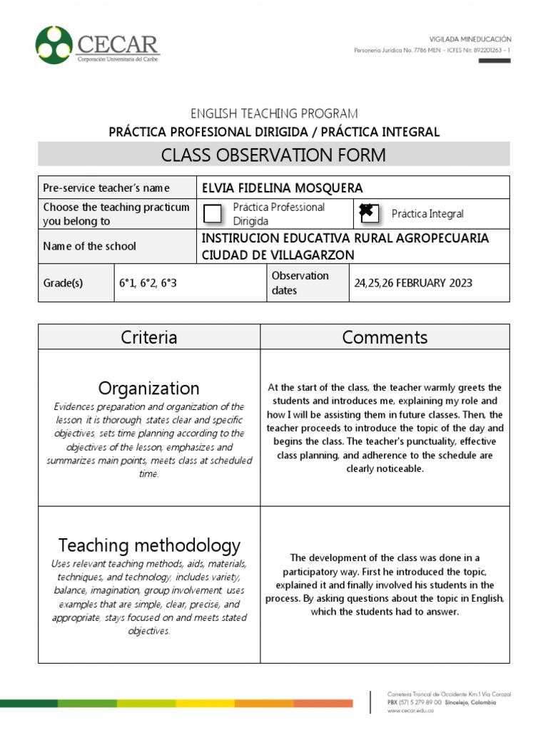 Class Observation Form | PDF | Classroom Management | Teachers