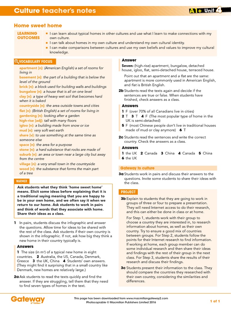 A1+ UNIT 4 Culture Teacher's Notes | Download Free PDF | Apartment ...