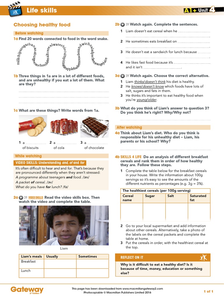A1+ UNIT 4 Life Skills Video Worksheet | PDF | Meal | Food And Drink