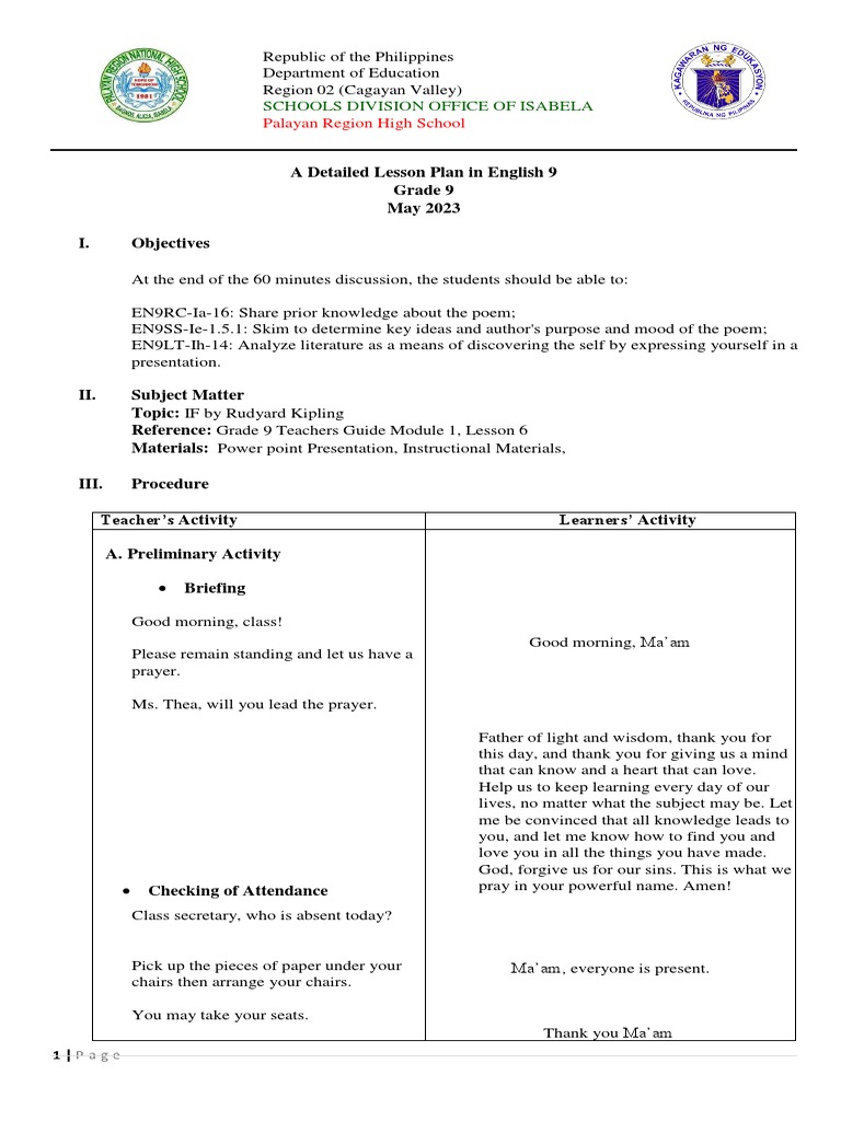 Poetry If Detailed Lesson Plan | PDF