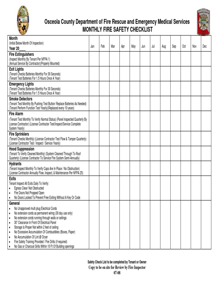 MontlyInspectionChecklist | PDF | Fire Safety | Fires