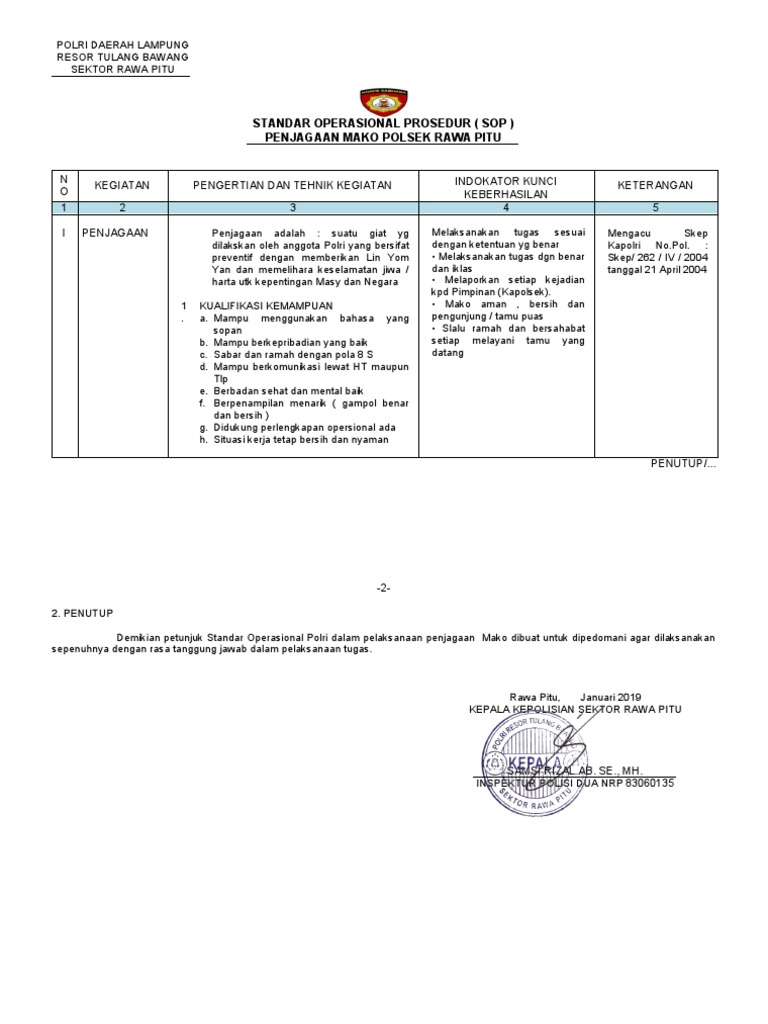 SOP PENJAGAAN SAT SABHARA POLRES TUBA | PDF