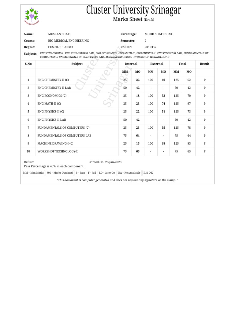 Semester Marks Card Pdf Computing
