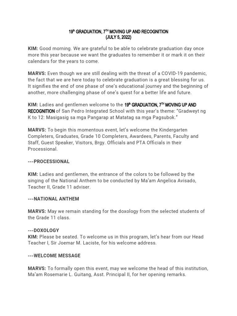 Script For 2022 Graduation, Moving Up & Recognition | PDF