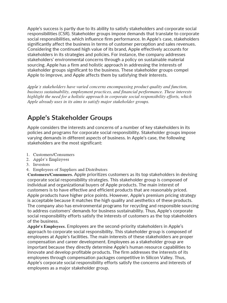 Apple's CSR Stakeholder Strategy | PDF | Corporate Social Responsibility | Supply Chain