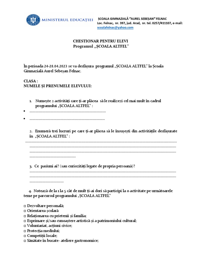 Chestionar Scoala Altfel - Elevi | PDF