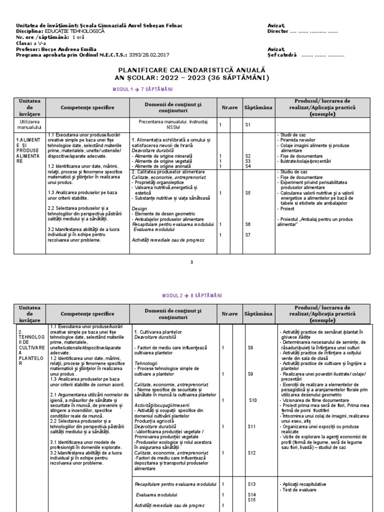 Planificare calendaristica educatie tehnologica clasa a-5-a | PDF