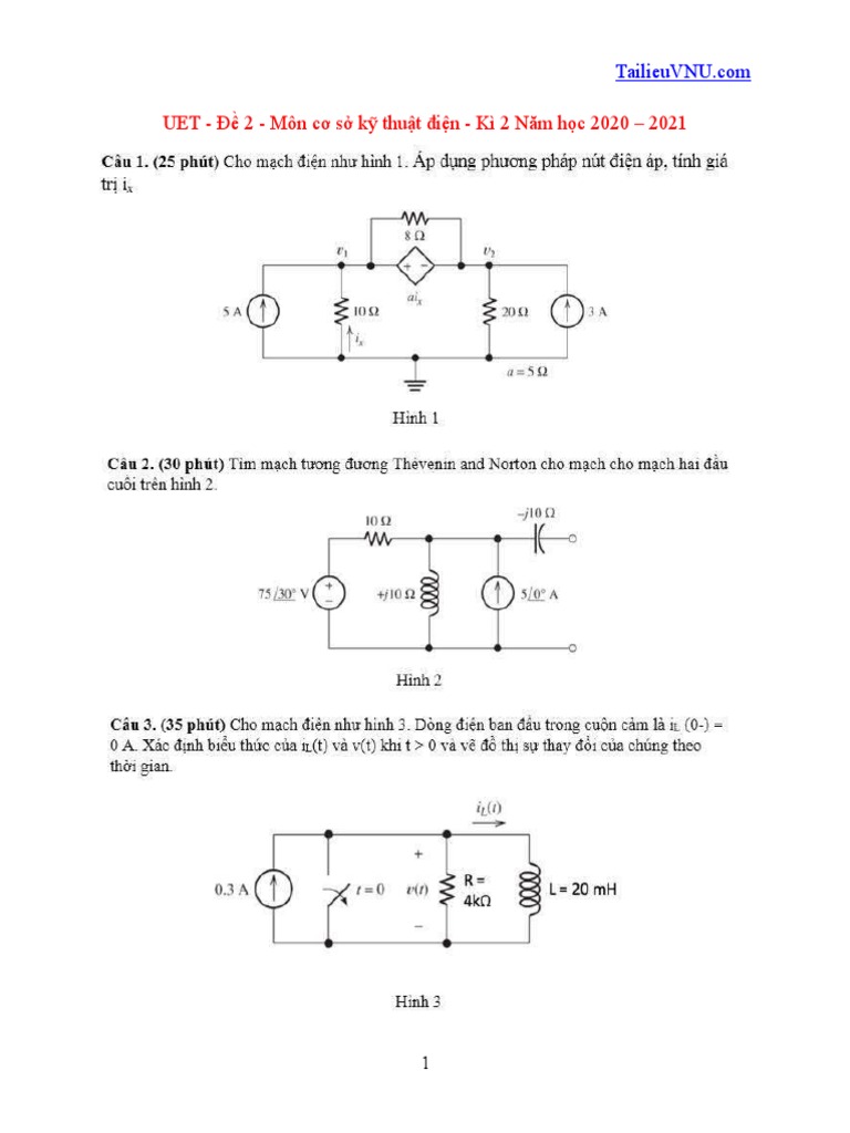 Đề thi Cơ sở kỹ thuật điện đề số 2 kỳ 2 năm học 2020-2021 - UET | PDF
